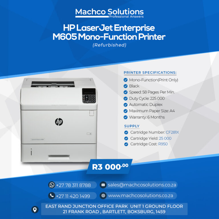 Hp Laserjet Entreprise M605 Mono-Function Printer (REFURBISHED) – Machco Solutions